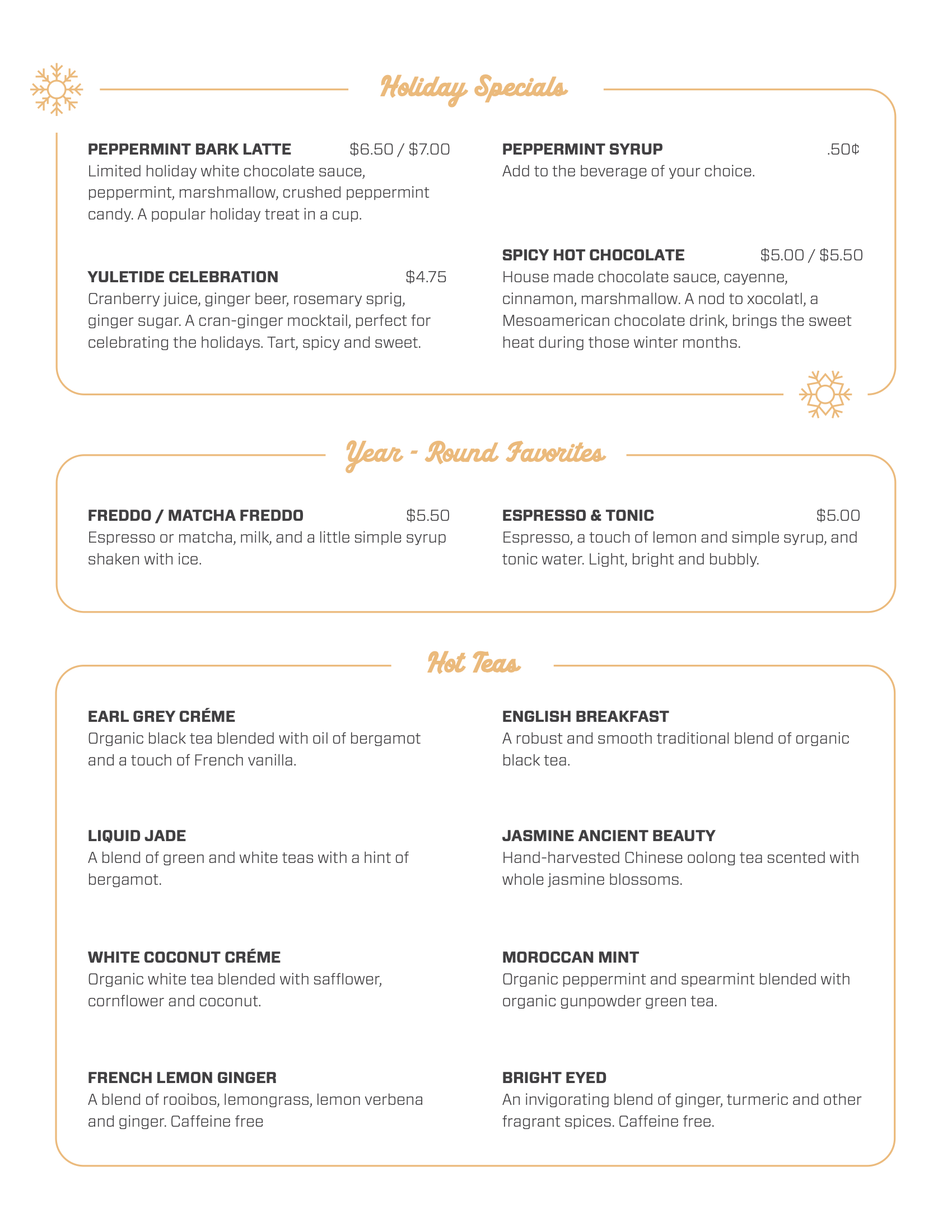 Medici Roasting Holiday Menu 2022